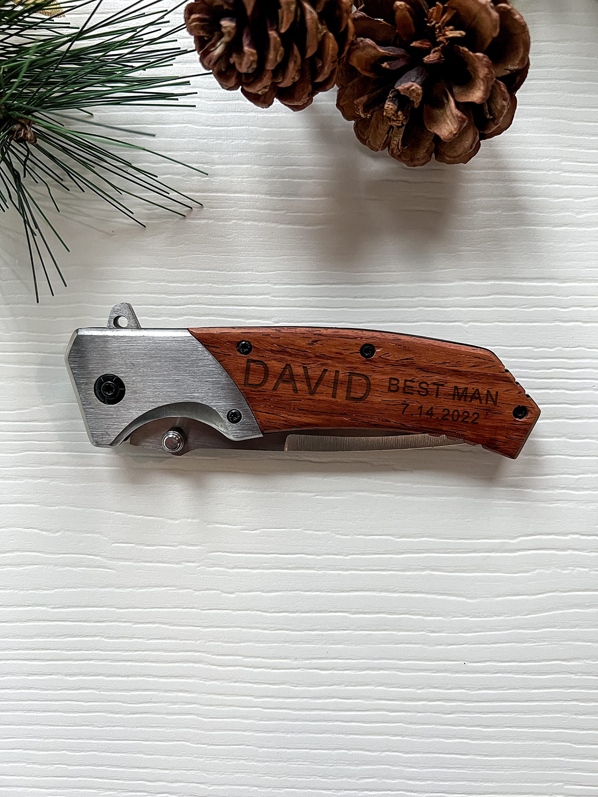 Gifts for Men - Custom Engraved Pocket Knife - Fishing Camping Hunting Personalized Gift Sturdy Wooden Handle & Sharp Thick Blade, Perfect for Dad Boyfriend Groomsmen Husband Son Father's Day Anniversary Birthday Valentines & More (Knife Engraved)