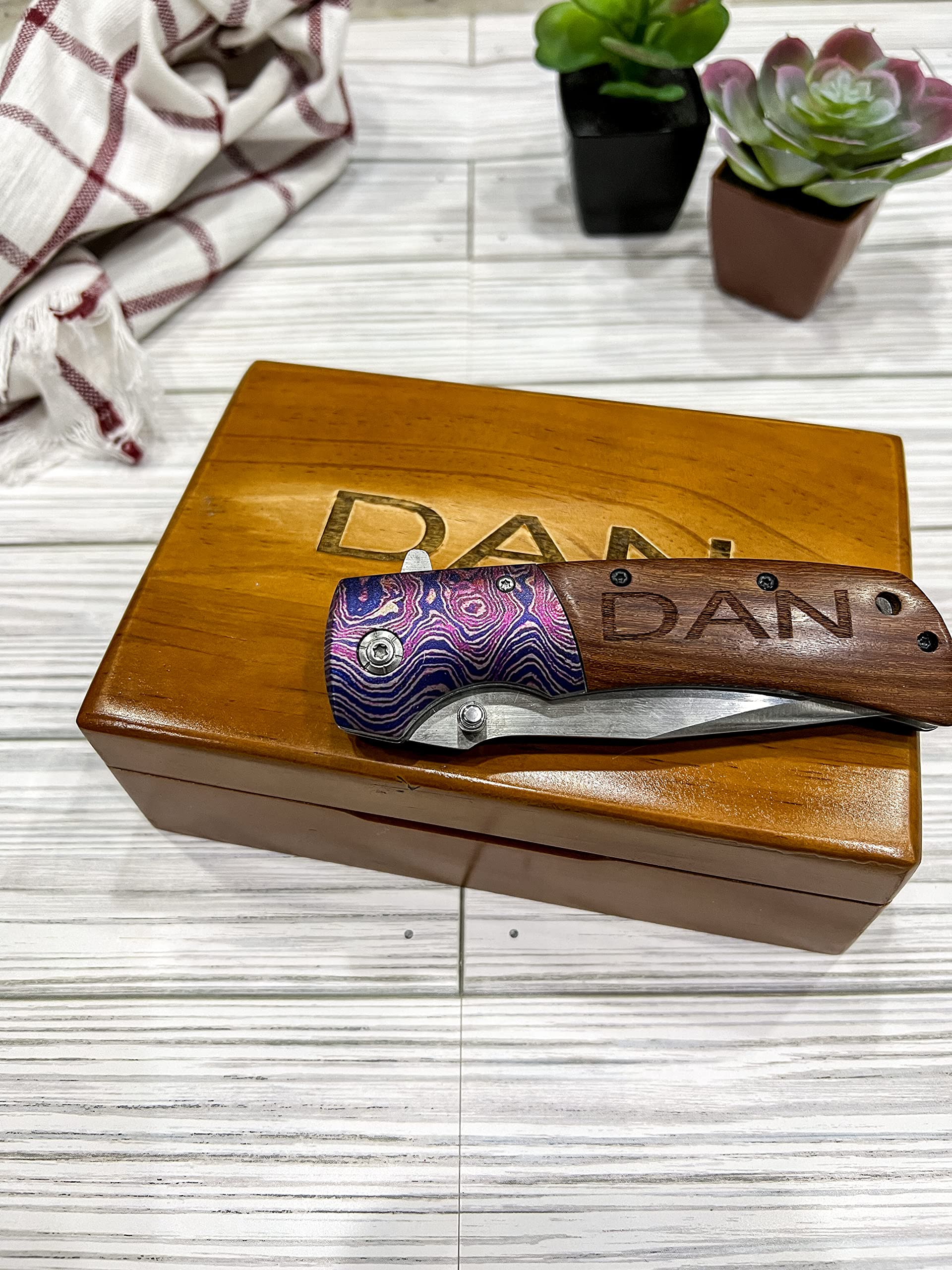 Gifts for Men - Custom Engraved Pocket Knife - Fishing Camping Hunting Personalized Gift Sturdy Wooden Handle & Sharp Thick Blade, Perfect for Dad Boyfriend Groomsmen Husband Son Father's Day Anniversary Birthday Valentines & More (Knife Engraved)