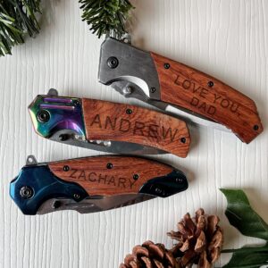 Gifts for Men - Custom Engraved Pocket Knife - Fishing Camping Hunting Personalized Gift Sturdy Wooden Handle & Sharp Thick Blade, Perfect for Dad Boyfriend Groomsmen Husband Son Father's Day Anniversary Birthday Valentines & More (Knife Engraved)