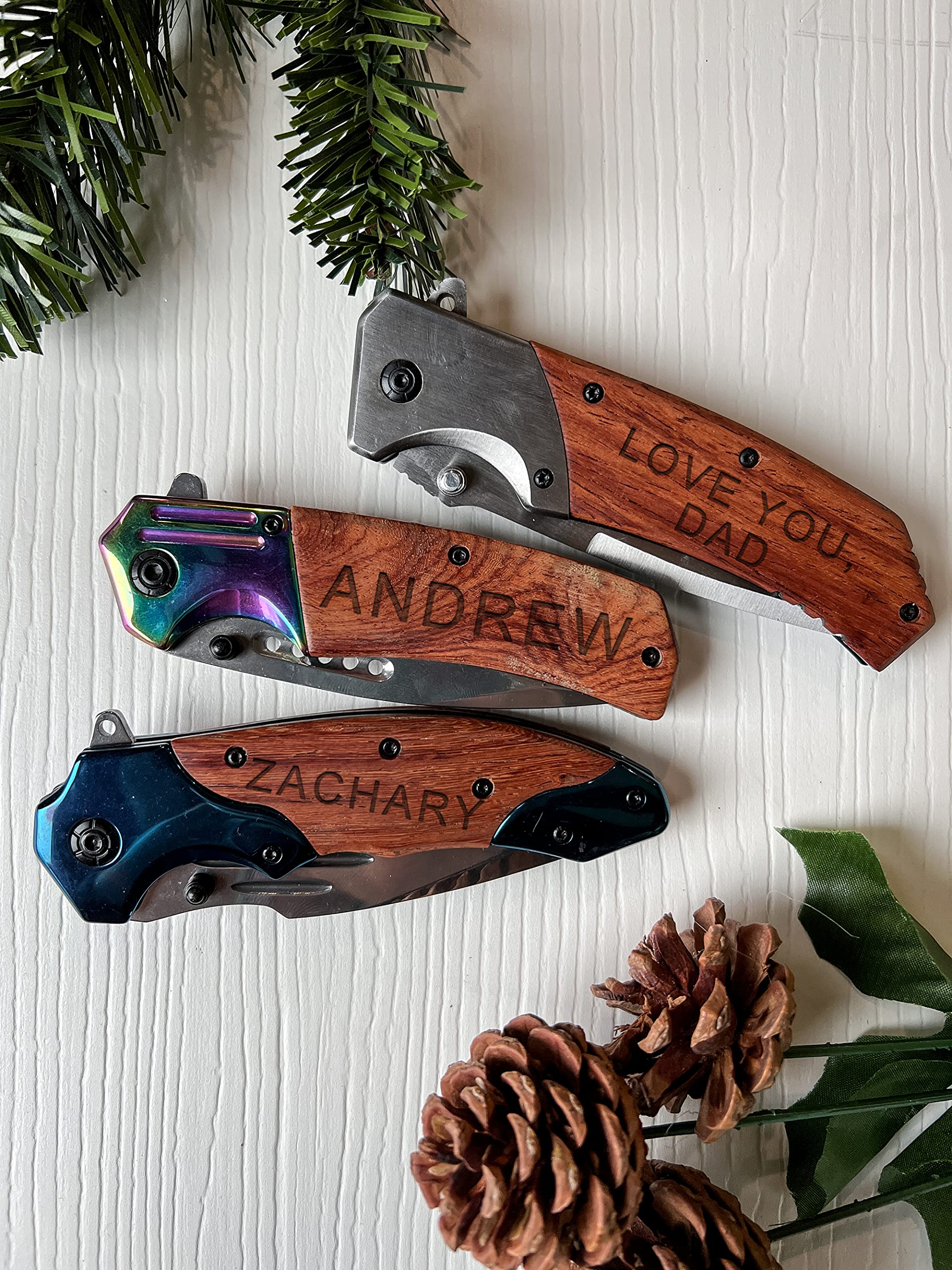 Gifts for Men - Custom Engraved Pocket Knife - Fishing Camping Hunting Personalized Gift Sturdy Wooden Handle & Sharp Thick Blade, Perfect for Dad Boyfriend Groomsmen Husband Son Father's Day Anniversary Birthday Valentines & More (Knife Engraved)