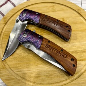 Gifts for Men - Custom Engraved Pocket Knife - Fishing Camping Hunting Personalized Gift Sturdy Wooden Handle & Sharp Thick Blade, Perfect for Dad Boyfriend Groomsmen Husband Son Father's Day Anniversary Birthday Valentines & More (Knife Engraved)