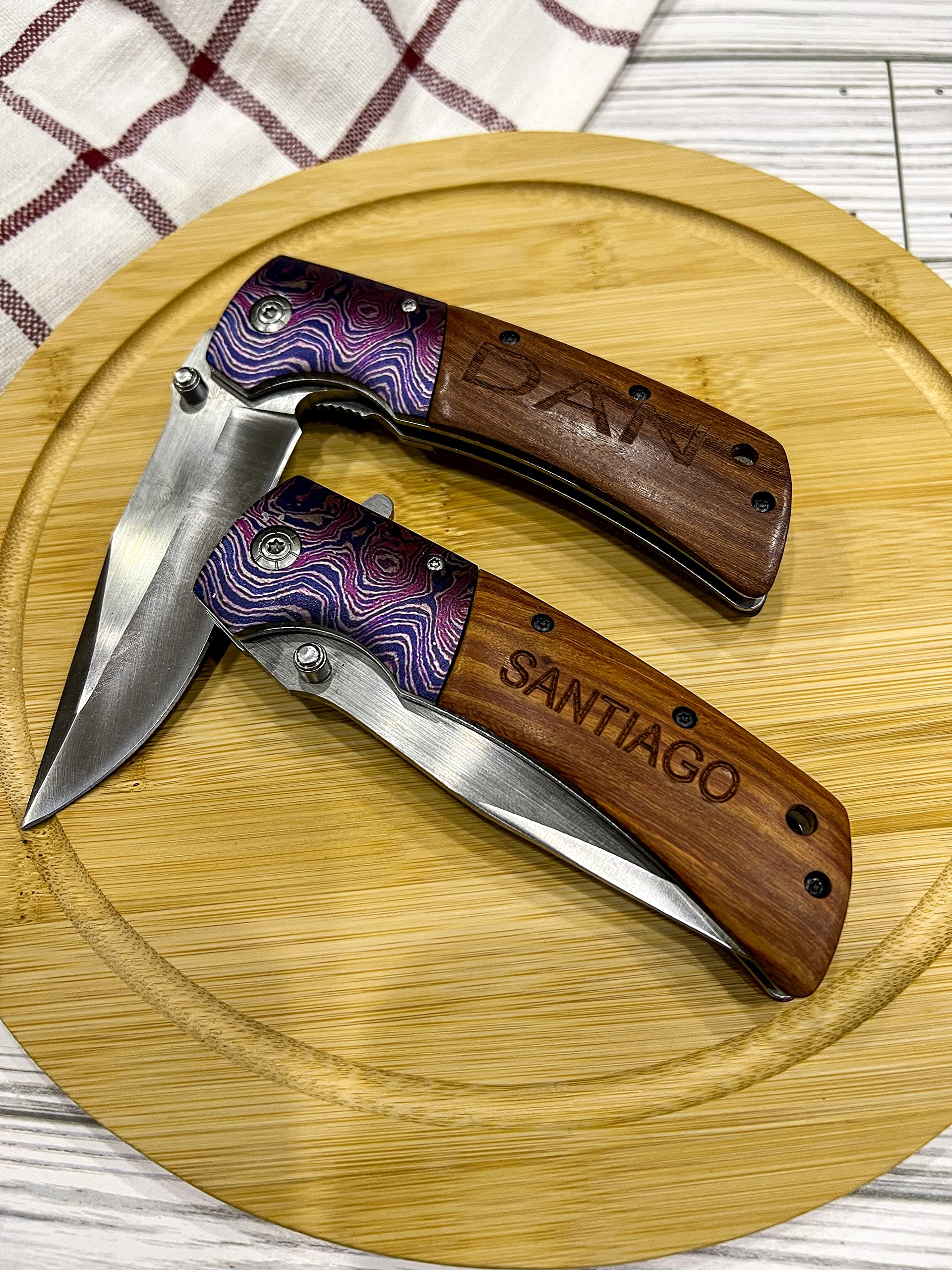 Gifts for Men - Custom Engraved Pocket Knife - Fishing Camping Hunting Personalized Gift Sturdy Wooden Handle & Sharp Thick Blade, Perfect for Dad Boyfriend Groomsmen Husband Son Father's Day Anniversary Birthday Valentines & More (Knife Engraved)