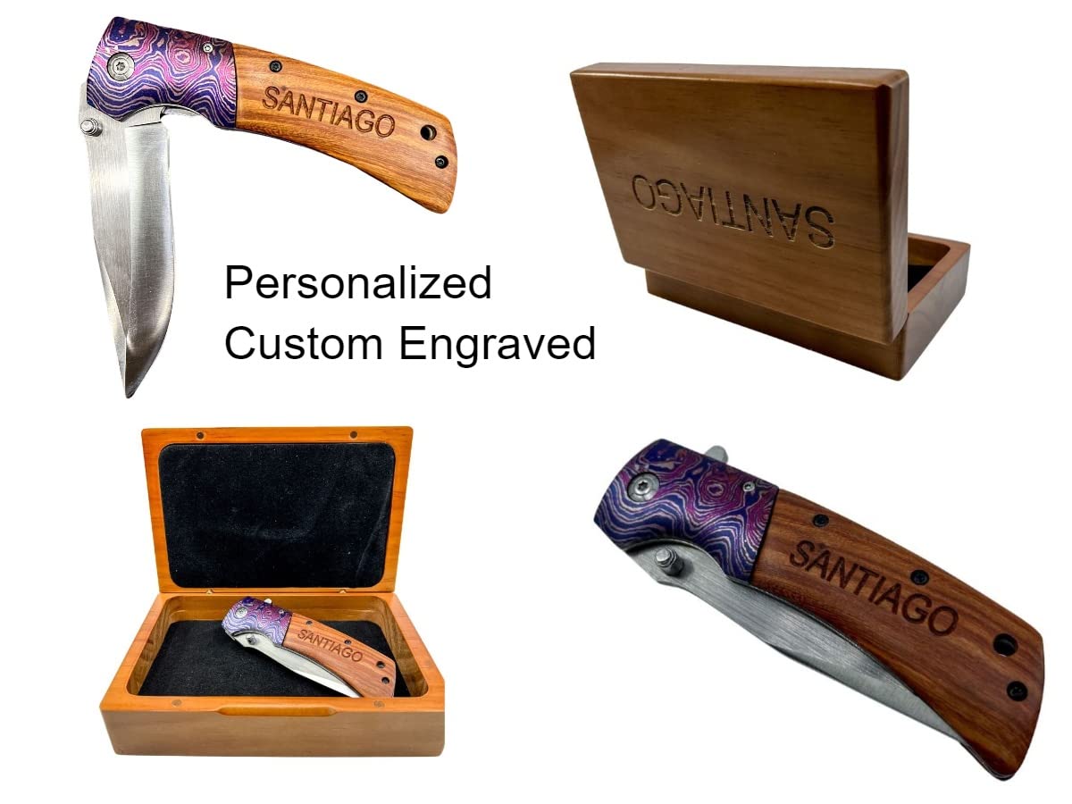 Gifts for Men - Custom Engraved Pocket Knife - Fishing Camping Hunting Personalized Gift Sturdy Wooden Handle & Sharp Thick Blade, Perfect for Dad Boyfriend Groomsmen Husband Son Father's Day Anniversary Birthday Valentines & More (Knife Engraved)