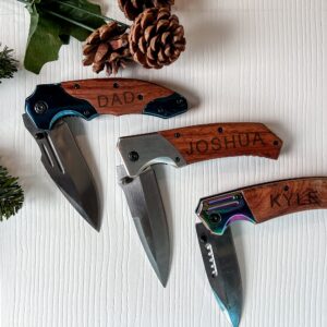 Gifts for Men - Custom Engraved Pocket Knife - Fishing Camping Hunting Personalized Gift Sturdy Wooden Handle & Sharp Thick Blade, Perfect for Dad Boyfriend Groomsmen Husband Son Father's Day Anniversary Birthday Valentines & More (Knife Engraved)