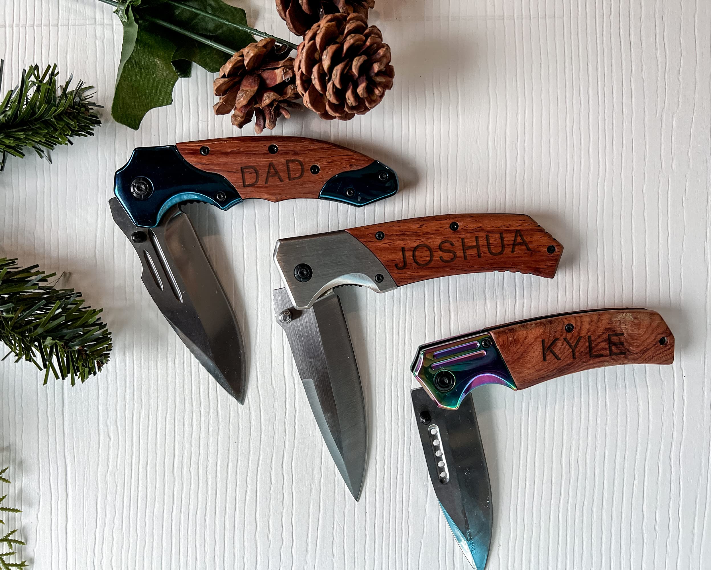 Gifts for Men - Custom Engraved Pocket Knife - Fishing Camping Hunting Personalized Gift Sturdy Wooden Handle & Sharp Thick Blade, Perfect for Dad Boyfriend Groomsmen Husband Son Father's Day Anniversary Birthday Valentines & More (Knife Engraved)