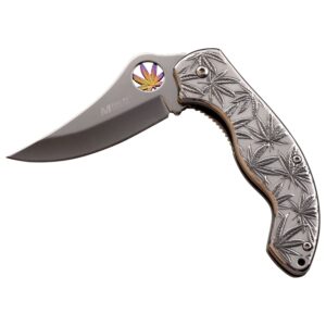 MTECH USA - Folding Knife - Mirror Polished Stainless Steel Blade w/Marijuana Leaf Cut Out, Polished Steel Handle w/Stamped Leaf Design, Pocket Clip, Liner Lock – MT-A1172MR