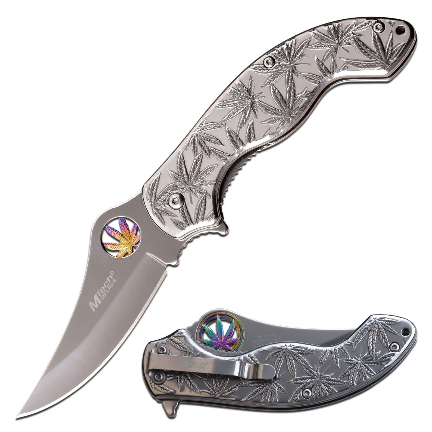 MTECH USA - Folding Knife - Mirror Polished Stainless Steel Blade w/Marijuana Leaf Cut Out, Polished Steel Handle w/Stamped Leaf Design, Pocket Clip, Liner Lock – MT-A1172MR