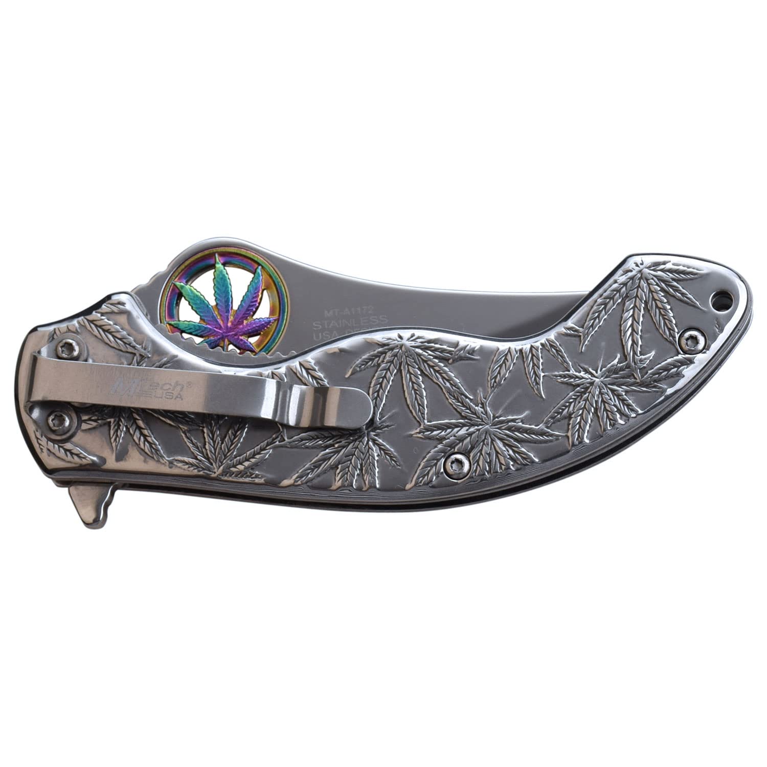 MTECH USA - Folding Knife - Mirror Polished Stainless Steel Blade w/Marijuana Leaf Cut Out, Polished Steel Handle w/Stamped Leaf Design, Pocket Clip, Liner Lock – MT-A1172MR