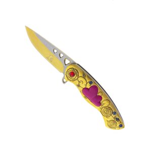 falcon 7" heart rose engraving handle cupid heart pocket knife with love belt clip 440 stainless steel drop point blade