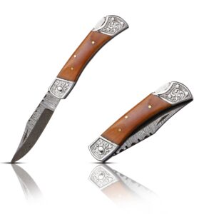 capra knives ck-52 handcrafted folding engraved brass pocket knife 4” folded, 7.25” long overall, 4.5oz olive wood handle, damascus blade with leather sheath