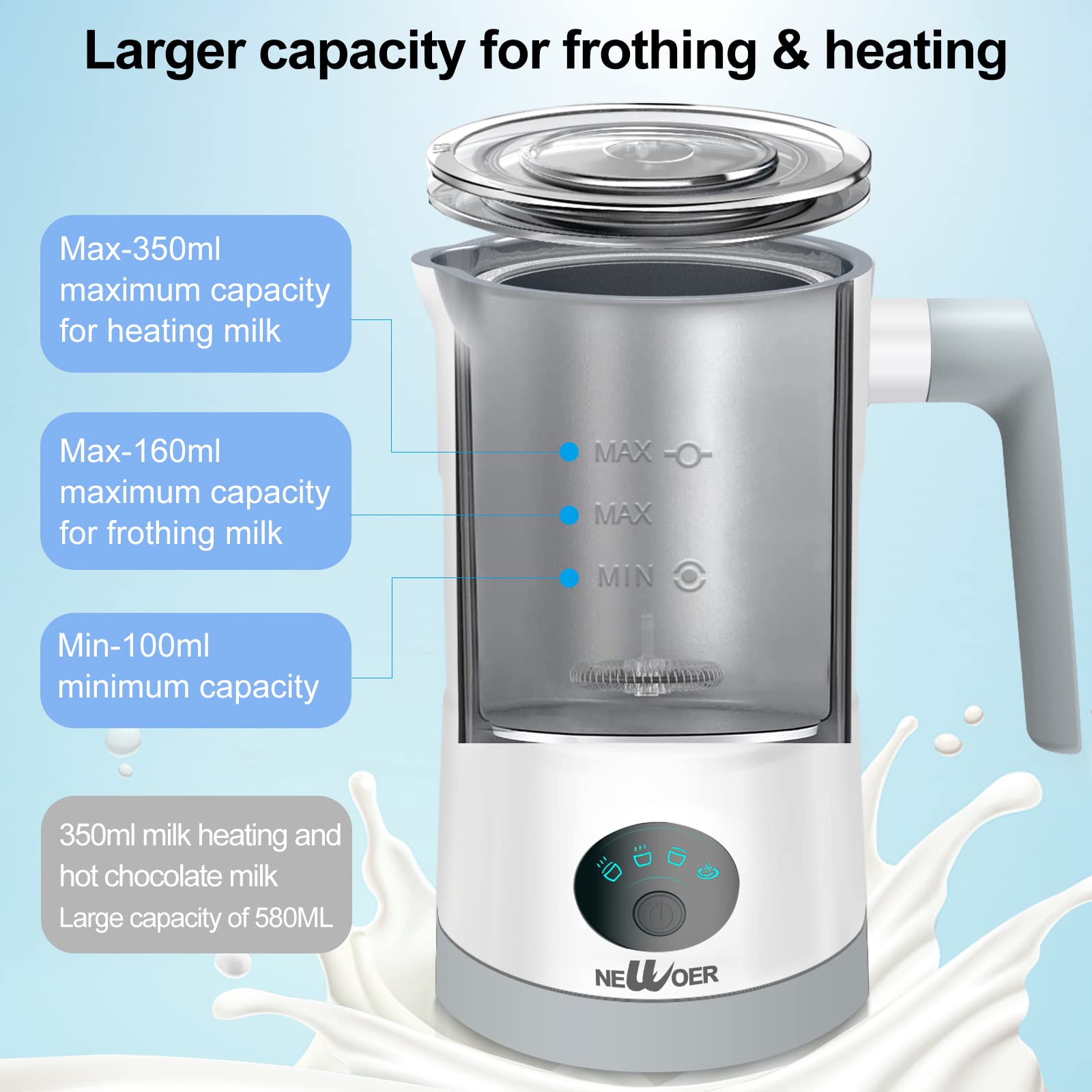 newoer Electric Milk Frother and Warmer,4 in 1 Automatic Milk Frothers 400W Automatic Milk Foam Maker with Hot & Cold Milk Functionality for Latte Coffee Hot Chocolates Cappuccino