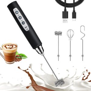 nahida black milk frother wand for coffee, frother handheld rechargeable electric whisk with 3 heads 3 speeds drink mixer coffee frother foam maker for latte, cappuccino, hot chocolate, egg