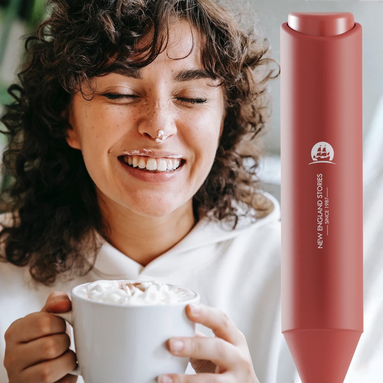 Powerful Milk Frother Handheld Foam Maker, Mini Whisk Drink Mixer for Coffee, Cappuccino, Latte, Matcha, Hot Chocolate, With Stand, Red