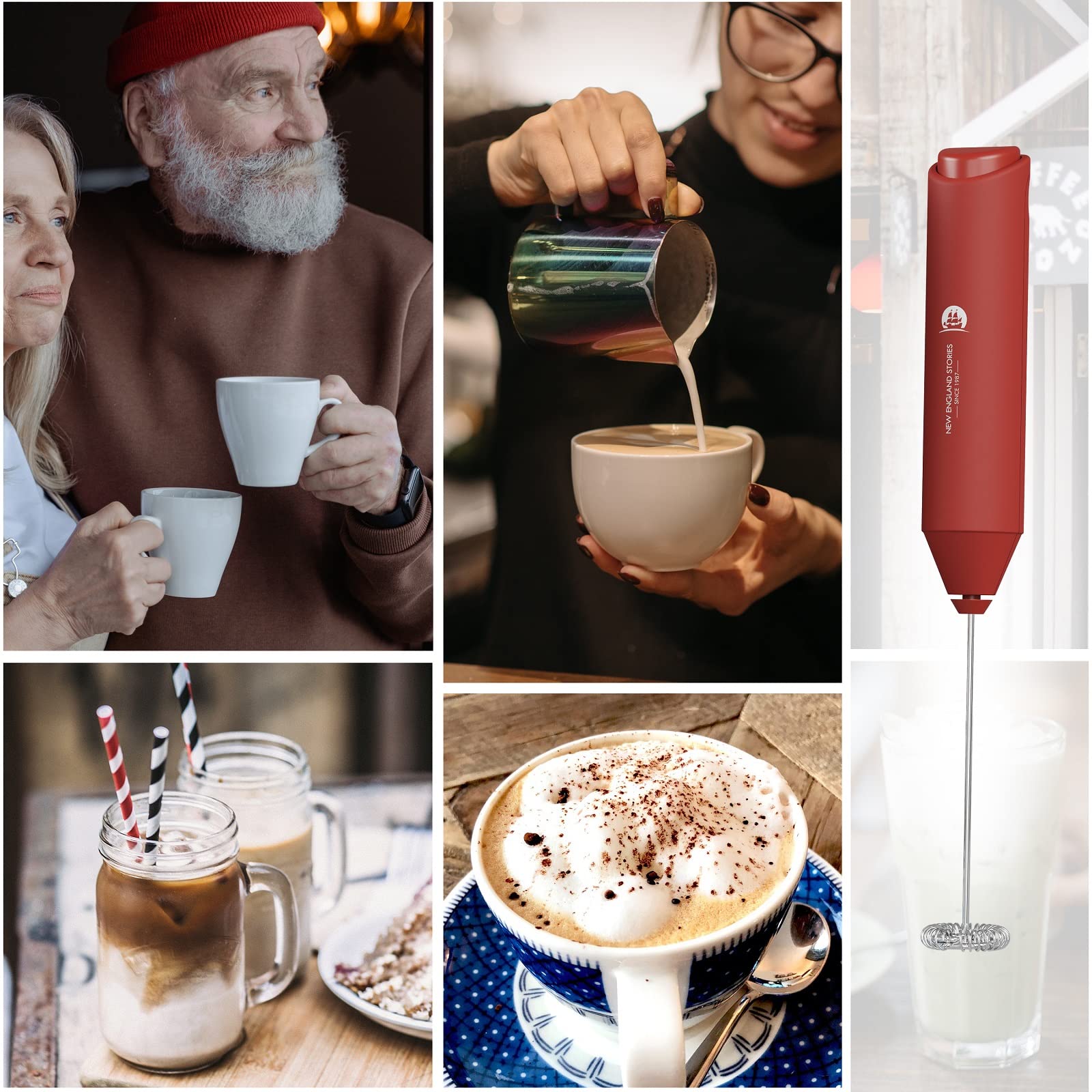 Powerful Milk Frother Handheld Foam Maker, Mini Whisk Drink Mixer for Coffee, Cappuccino, Latte, Matcha, Hot Chocolate, With Stand, Red