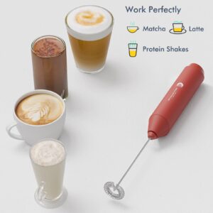 Powerful Milk Frother Handheld Foam Maker, Mini Whisk Drink Mixer for Coffee, Cappuccino, Latte, Matcha, Hot Chocolate, With Stand, Red