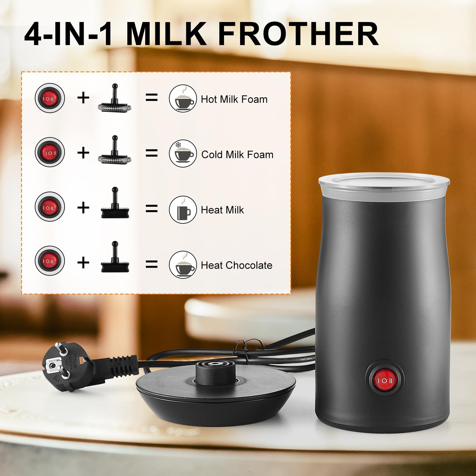 WIVIZL Electric Milk Frother, 4-in-1 Milk Frother and Steamer for Frothing and Heating Milk, 8.4oz/250ml Automatic Hot and Cold Foam Maker and Milk Warmer for Latte, Hot Chocolate, Black