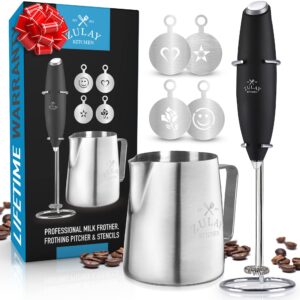 zulay kitchen premium gift milk frother complete set - handheld foam maker, stencils & frothing pitcher set - whisk drink mixer for coffee - mini blender for cappuccino, frappe - black