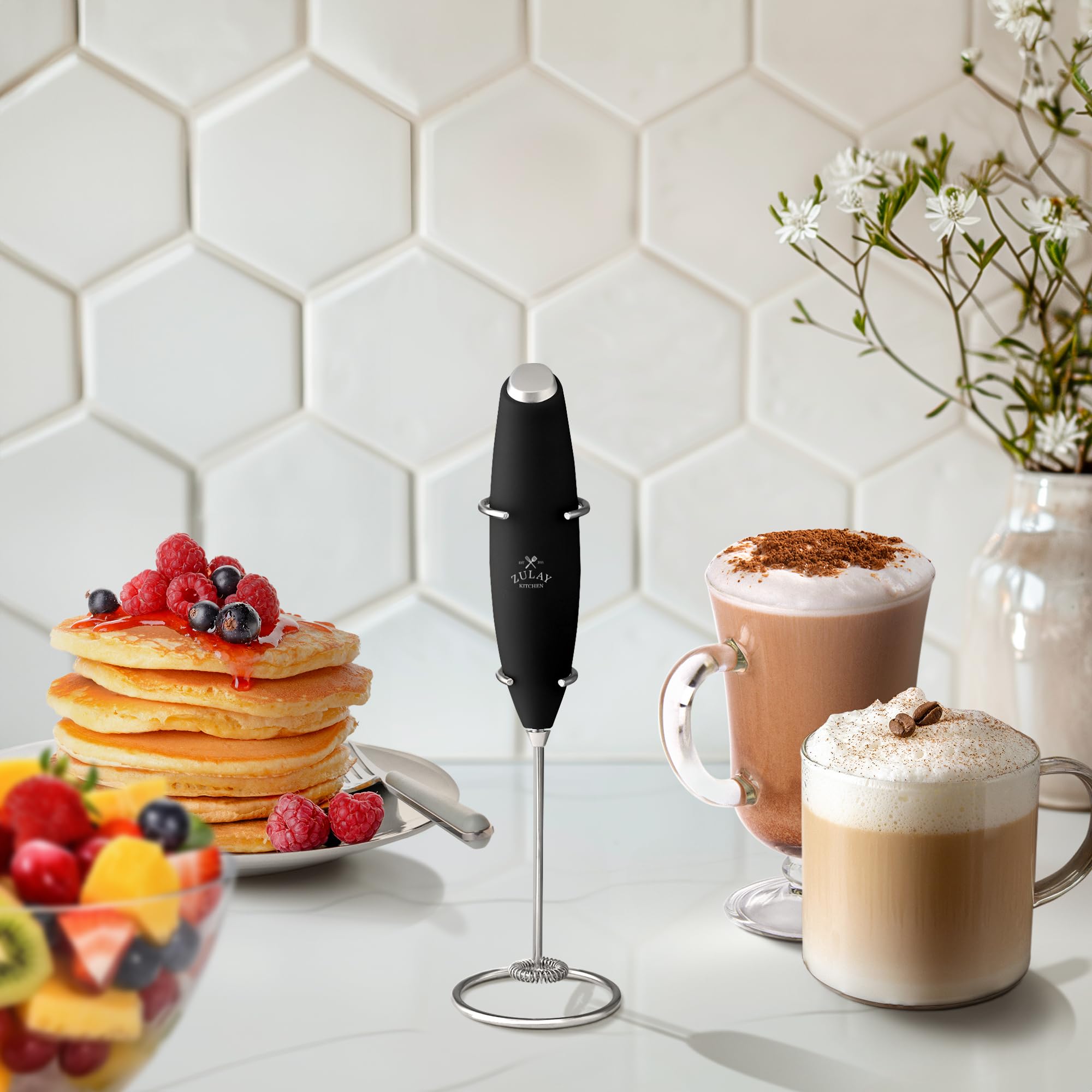 Zulay Kitchen Premium Gift Milk Frother Complete Set - Handheld Foam Maker, Stencils & Frothing Pitcher Set - Whisk Drink Mixer for Coffee - Mini Blender for Cappuccino, Frappe - Black