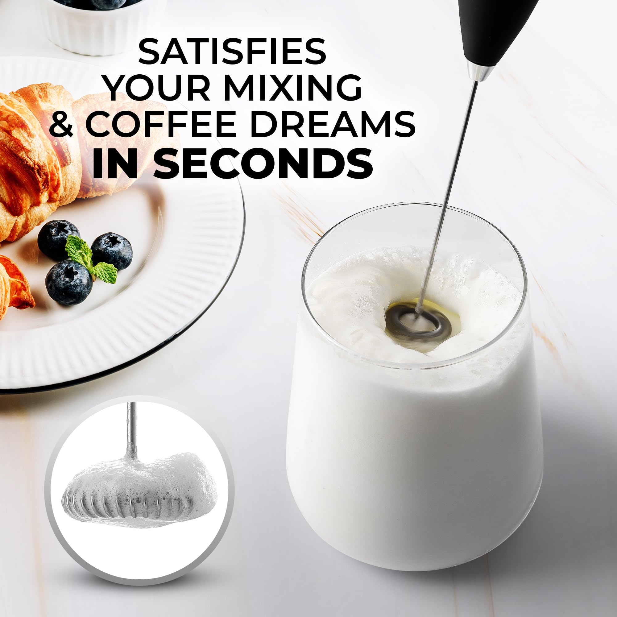 Zulay Kitchen Premium Gift Milk Frother Complete Set - Handheld Foam Maker, Stencils & Frothing Pitcher Set - Whisk Drink Mixer for Coffee - Mini Blender for Cappuccino, Frappe - Black