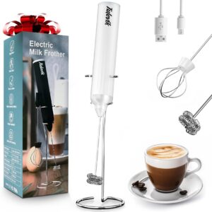 tulevik milk frother handheld, electric frother wand with stand, coffee frother with usb rechargeable 3 speeds, mini frother for coffee latte, cappuccino, hot chocolate, matcha, egg - white