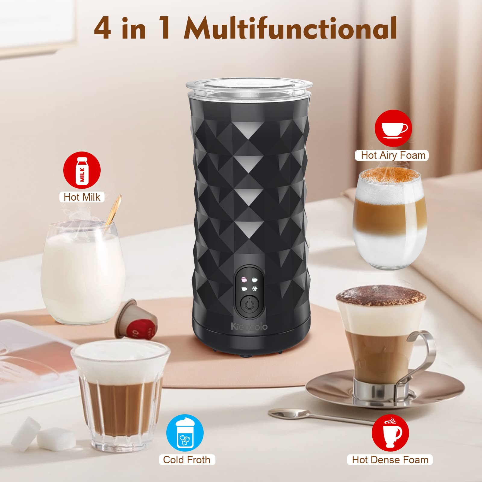 KIGOZOLO Milk Frother Steamer 4 in 1 Electric Coffee Frother with Quiet Operation,Effortless Foam,Unique Diamond Design,Temperature Control, and Auto Shut-Off, Perfect for Coffee Lovers(Black)