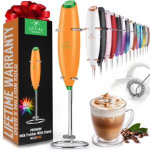 zulay powerful milk frother handheld foam maker for lattes - whisk drink mixer for coffee, mini foamer for cappuccino, frappe, matcha, hot chocolate by milk boss (orange/green)