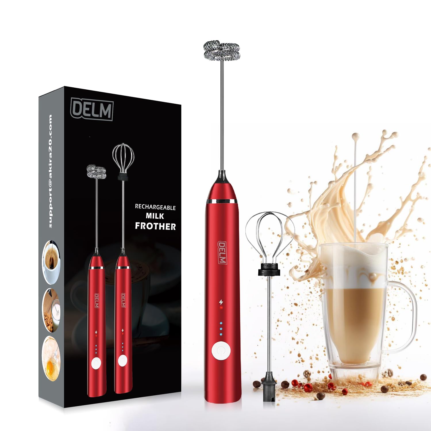 Delm Milk Frother Electric USB Stainless Steel Accessory (Red)