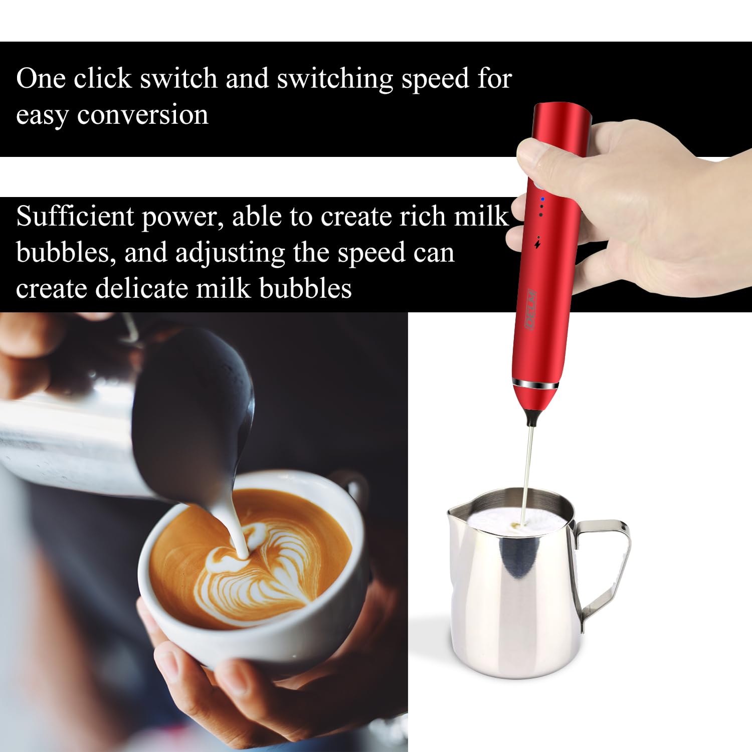 Delm Milk Frother Electric USB Stainless Steel Accessory (Red)