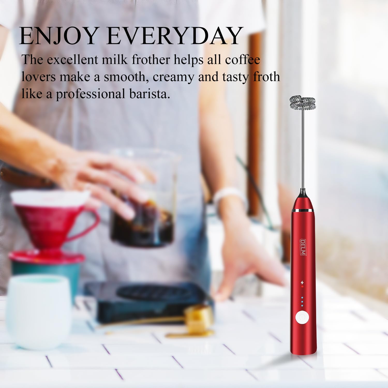 Delm Milk Frother Electric USB Stainless Steel Accessory (Red)