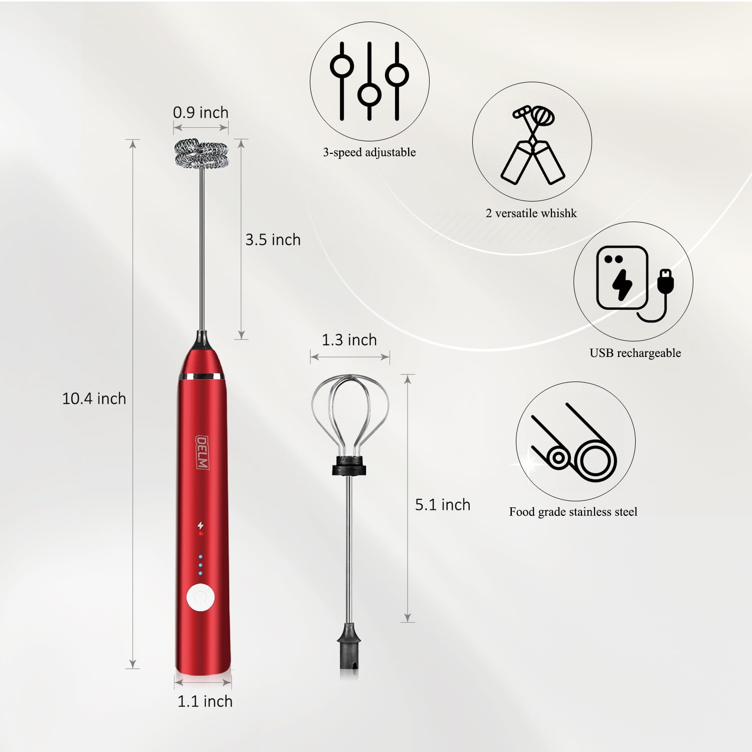 Delm Milk Frother Electric USB Stainless Steel Accessory (Red)