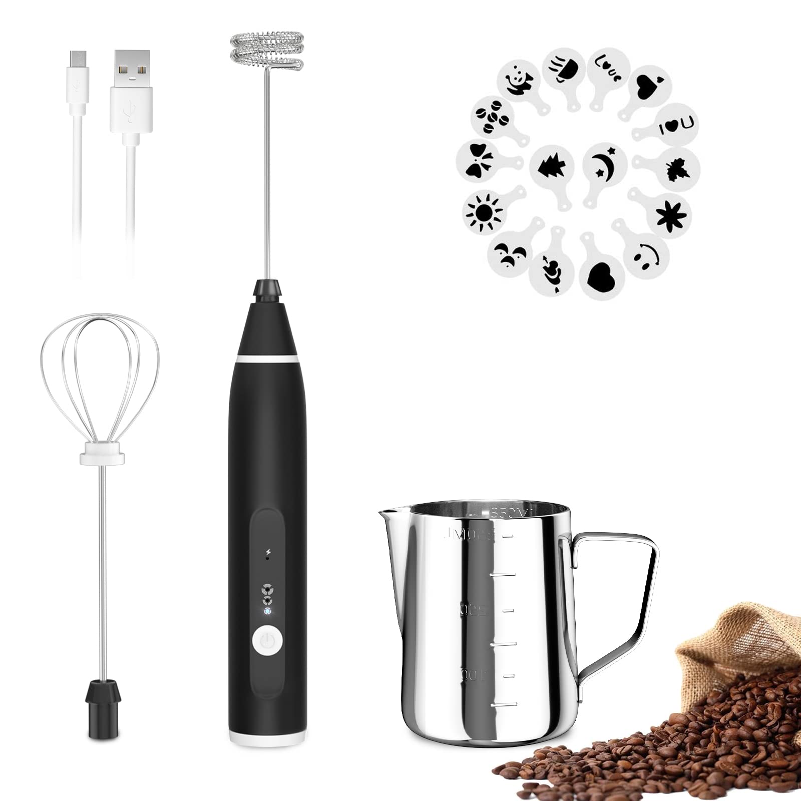 Milk Frother Handheld, FITNATE Rechargeable Electric Foam Maker Drink Mixer 3 Speeds with 2 Stainless Steel Whisks, Frother for Coffee, Hot Chocolate, Latte, Cappuccino,Includes Frother Cup