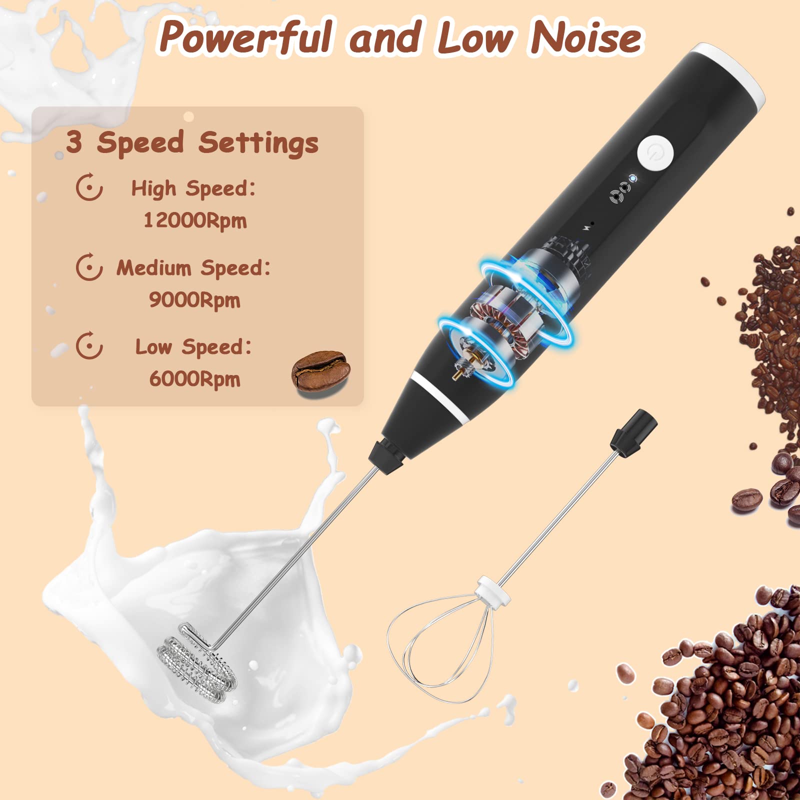 Milk Frother Handheld, FITNATE Rechargeable Electric Foam Maker Drink Mixer 3 Speeds with 2 Stainless Steel Whisks, Frother for Coffee, Hot Chocolate, Latte, Cappuccino,Includes Frother Cup