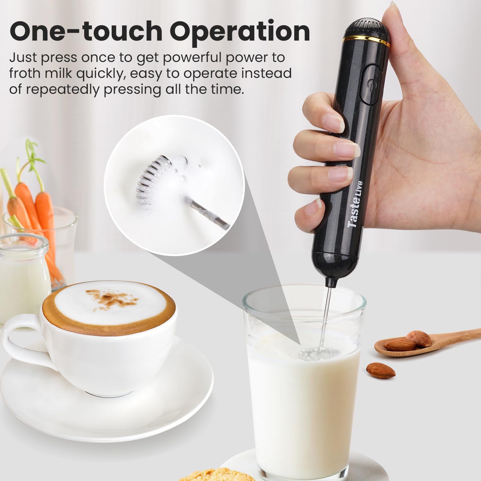 Handheld Milk Frother, Battery Operated Electric Foam Maker and Mixer for Drinks (Black)