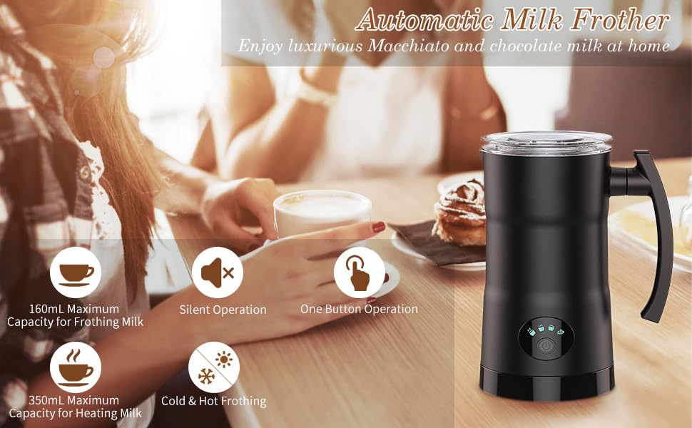 Milk Frother Electric, Coffee Frother, Warm and Cold Milk Foamer, 4 IN 1 Automatic Milk Warmer Stainless Steel with Touch Screen, for Coffee, Latte, Hot Chocolate,Cappuccinos and Macchiato,Black