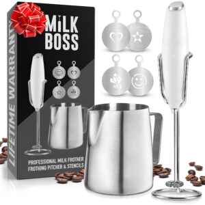 milk boss milk frother for coffee complete set coffee gift with upgraded ultra stand - handheld foam maker - whisk drink mixer for coffee, mini hand blender - frother, stencils & frothing pitcher