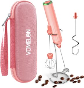 milk frother handheld with 3 stainless steel whisks, rechargeable electric drink mixer with stand & travel case, milk foamer for coffee, latte, cappuccino, hot chocolate, egg,jam supplement-pink