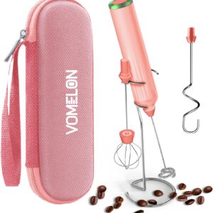 Milk Frother Handheld with 3 Stainless Steel Whisks, Rechargeable Electric Drink Mixer with Stand & Travel Case, Milk Foamer for Coffee, Latte, Cappuccino, Hot Chocolate, Egg,Jam Supplement-Pink