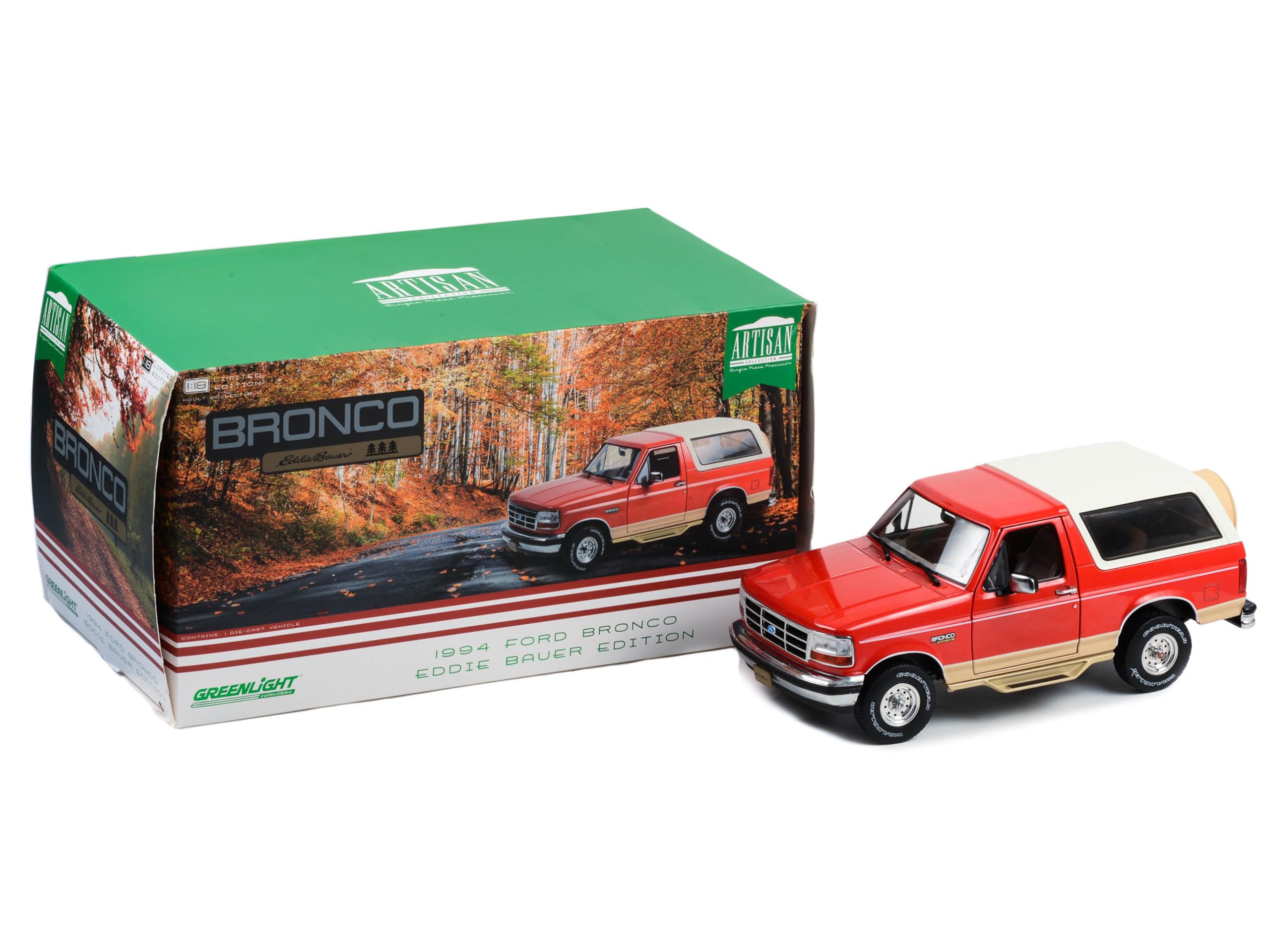 Greenlight 1994 Bronco Eddie Bauer Edition Electric Red Metallic and Tucson Bronze with White Top Artisan Collection 1/18 Diecast Model Car 19135