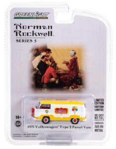 1971 type 2 panel van yellow and white with red interior percevel circus norman rockwell series 5 1/64 diecast model car by greenlight 54080f