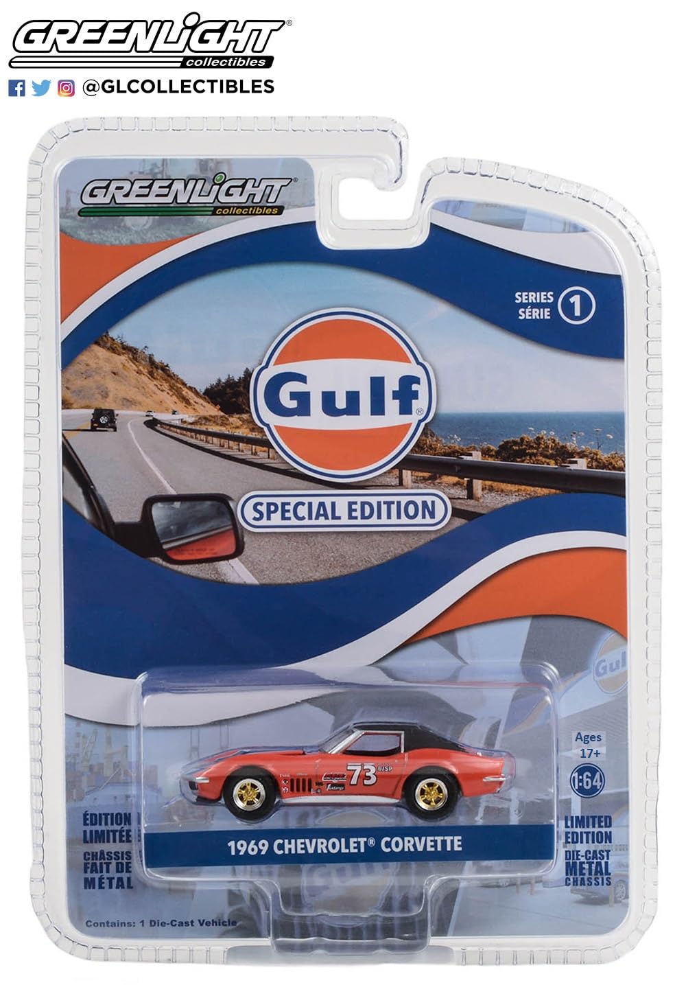 Greenlight 41135-B Gulf Oil Special Edition Series 1-1969 Chevy Corvette #73 1/64 Scale