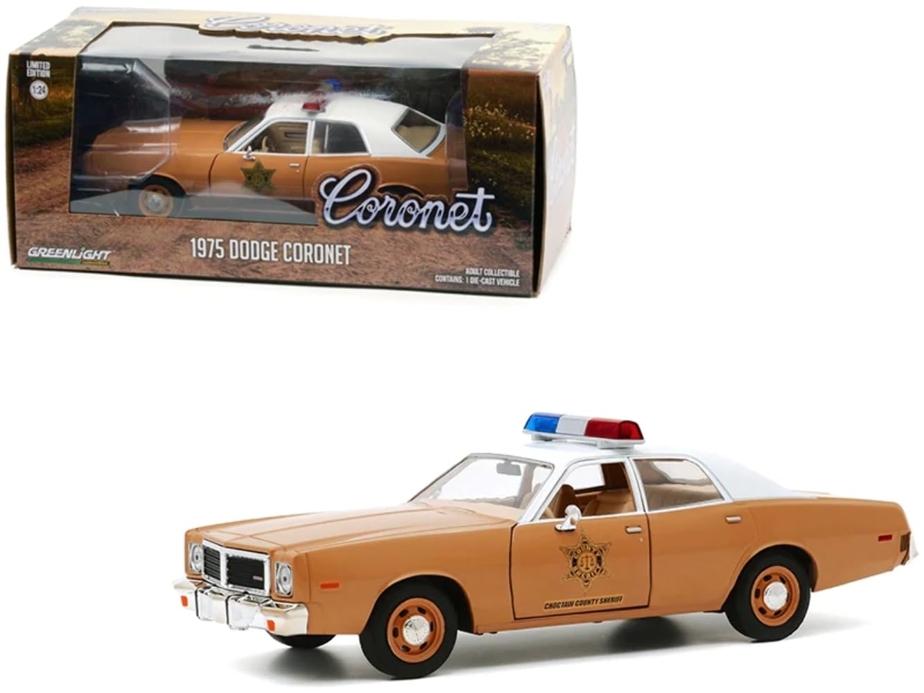 Greenlight 1975 Dodge Coronet Brown with White Top Choctaw County Sheriff 1/24 Diecast Model Car