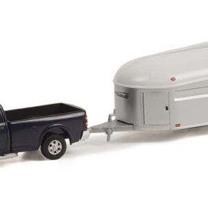 Greenlight 32240-D Hitch & Tow Series 24 - 2021 Ram 3500 Laramie Crew Cab in Maximum Steel Metallic Clear with Aerovault MKII Trailer in White and Bare Aluminum 1/64 Scale