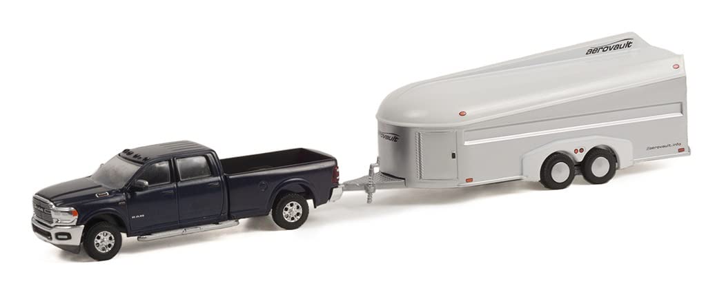 Greenlight 32240-D Hitch & Tow Series 24 - 2021 Ram 3500 Laramie Crew Cab in Maximum Steel Metallic Clear with Aerovault MKII Trailer in White and Bare Aluminum 1/64 Scale