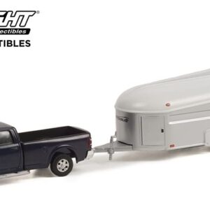 Greenlight 32240-D Hitch & Tow Series 24 - 2021 Ram 3500 Laramie Crew Cab in Maximum Steel Metallic Clear with Aerovault MKII Trailer in White and Bare Aluminum 1/64 Scale