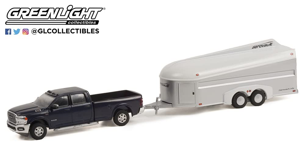 Greenlight 32240-D Hitch & Tow Series 24 - 2021 Ram 3500 Laramie Crew Cab in Maximum Steel Metallic Clear with Aerovault MKII Trailer in White and Bare Aluminum 1/64 Scale