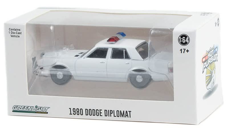 Greenlight 43006-L Hot Pursuit 1980-89 Dodge Diplomat Police White with Light and Push Bars 1/64 Scale