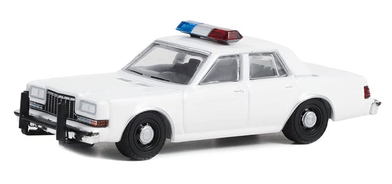 Greenlight 43006-L Hot Pursuit 1980-89 Dodge Diplomat Police White with Light and Push Bars 1/64 Scale