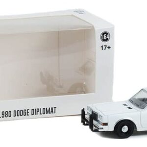 Greenlight 43006-L Hot Pursuit 1980-89 Dodge Diplomat Police White with Light and Push Bars 1/64 Scale