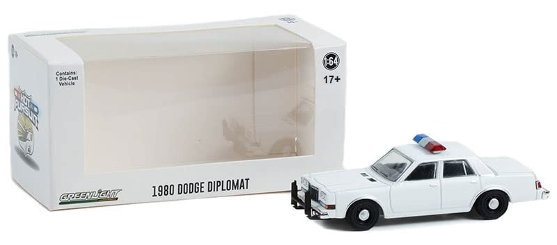 Greenlight 43006-L Hot Pursuit 1980-89 Dodge Diplomat Police White with Light and Push Bars 1/64 Scale