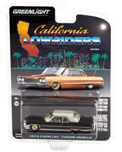 greenlight collectible 1973 coupe deville lowrider black with cream top and gold wheels california lowriders release 1 1/64 diecast model car 63010e 0